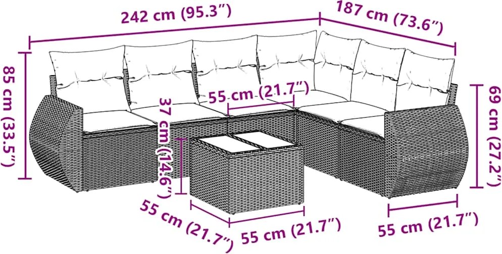 7dílná zahradní sedací souprava s poduškami černá polyratan 3253753