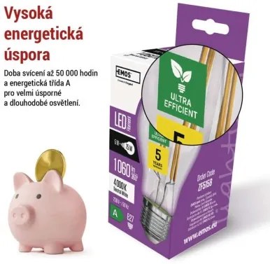 Emos lighting LED žárovka Filament A60 A CLASS/ E27 / 5 W (75 W) / 1 060 lm / neutrální bílá 1525283412