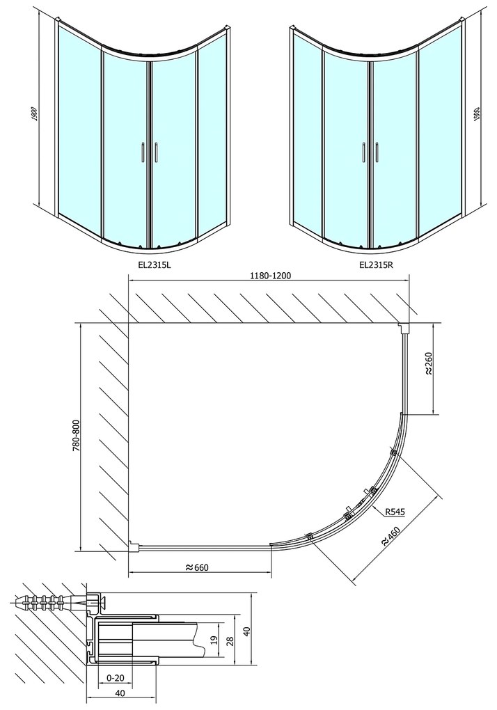 Polysan EASY LINE čtvrtkruhová sprchová zástěna 1200x800mm, L/R, čiré sklo EL2315