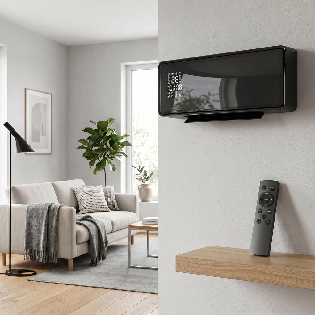HOMCOM Nástěnný keramický elektrický ohřívač 2000 W, ventilátor, termostat, časovač, dálkové ovládání, skleněný panel, černý