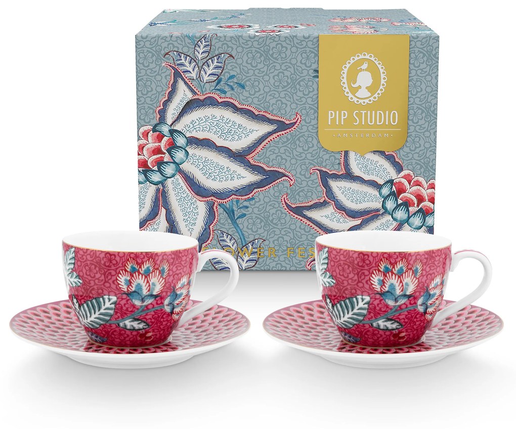Pip Studio Flower Festival sada 2 espresso šálků s podšálky, tmavě růžová (sada espresso hrnečků v dárkové krabičce)