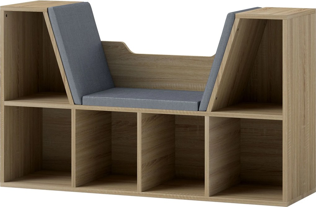 HOMCOM Moderní design 2-v-1 Knihovna s lavičkou s 6 přihrádkami a 3 polštáři Dub šedý 102D x 30Š x 61V cm
