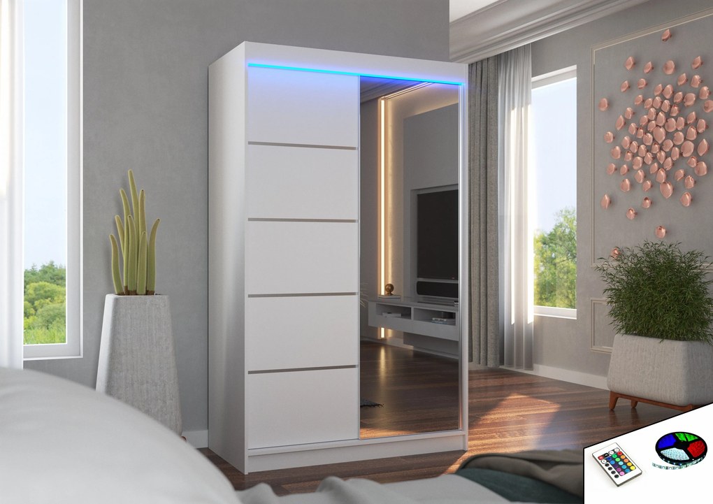 ADRK Šatní zrcadlová skříň posuvná s LED osvětlením NICEA W 120 L, bílá