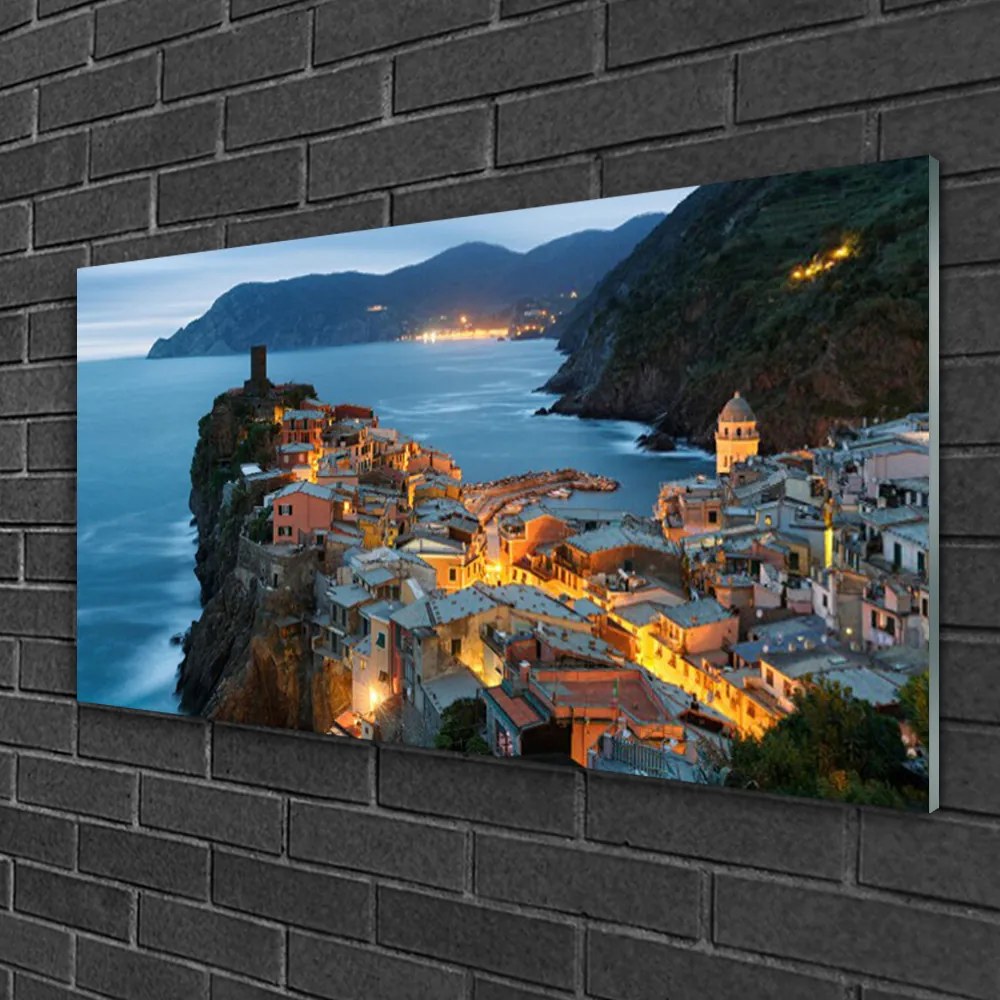Obraz na skle Moře Město Hory Krajina 120x60 cm