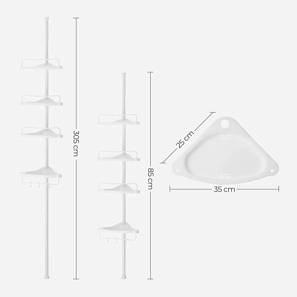 Nastavitelný teleskopický koupelnový rohový regál, 85-305 cm