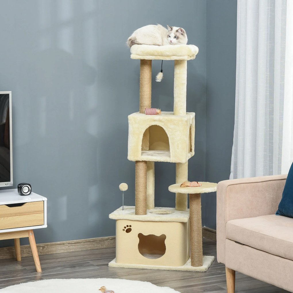 PawHut Velký Škrabací Strom pro Kočky 60x34x136 cm s Platformami, Hřejivými Jeskyněmi, Odnímatelnými Jutovými Sloupky a Visacím Míčkem Bežová