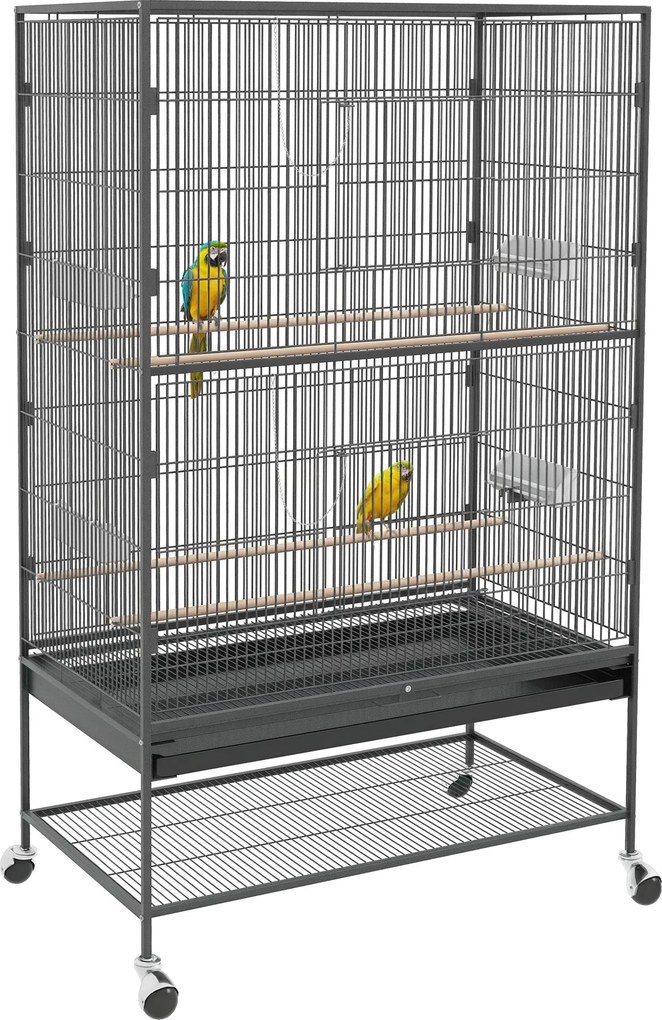 PawHut voliérová klec pro ptáky s bidly, ptací dům se shellem, spodním zásobníkem, dveřmi, koly pro malé ptáky, ocel, šedá, 94 x 57 x 153 cm | Aosom