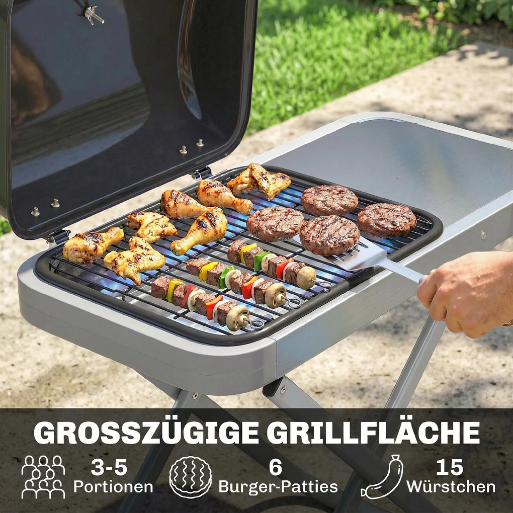 Přenosný plynový gril 1 hořák 2,5 kW grilovací vozík se skládacím vozíkem Grilovací rošt Boční stolek Víko Teploměr