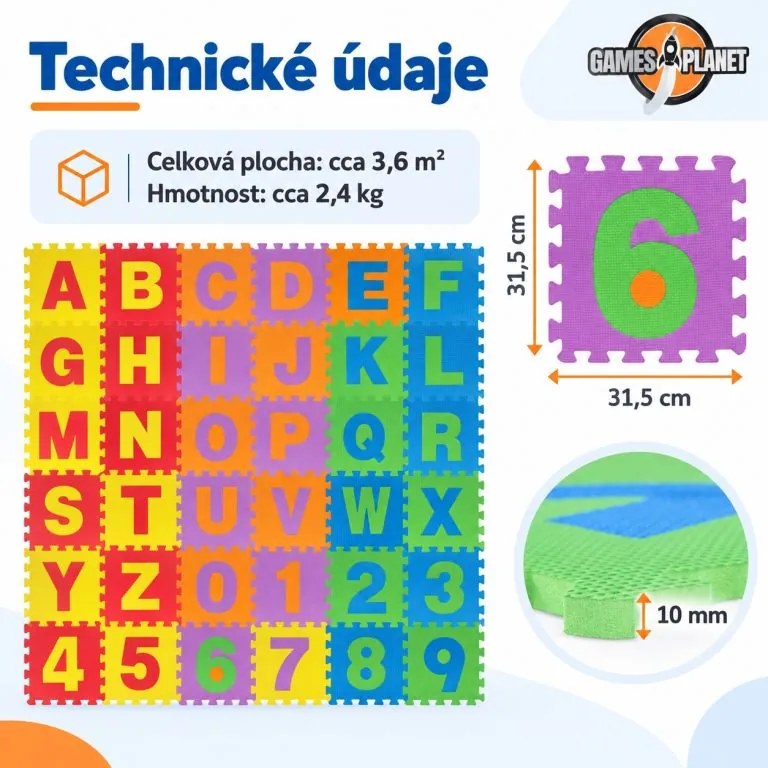 Pěnové puzzle na zem 3,6 m², 36 dílů, písmena a čísla
