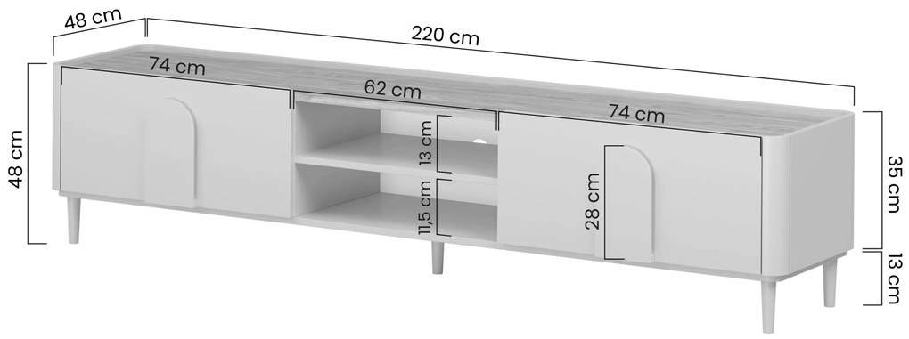 TV stolek Amilio 220 cm na nožkách - kašmírová / dub olejovaný / kašmírové úchytky