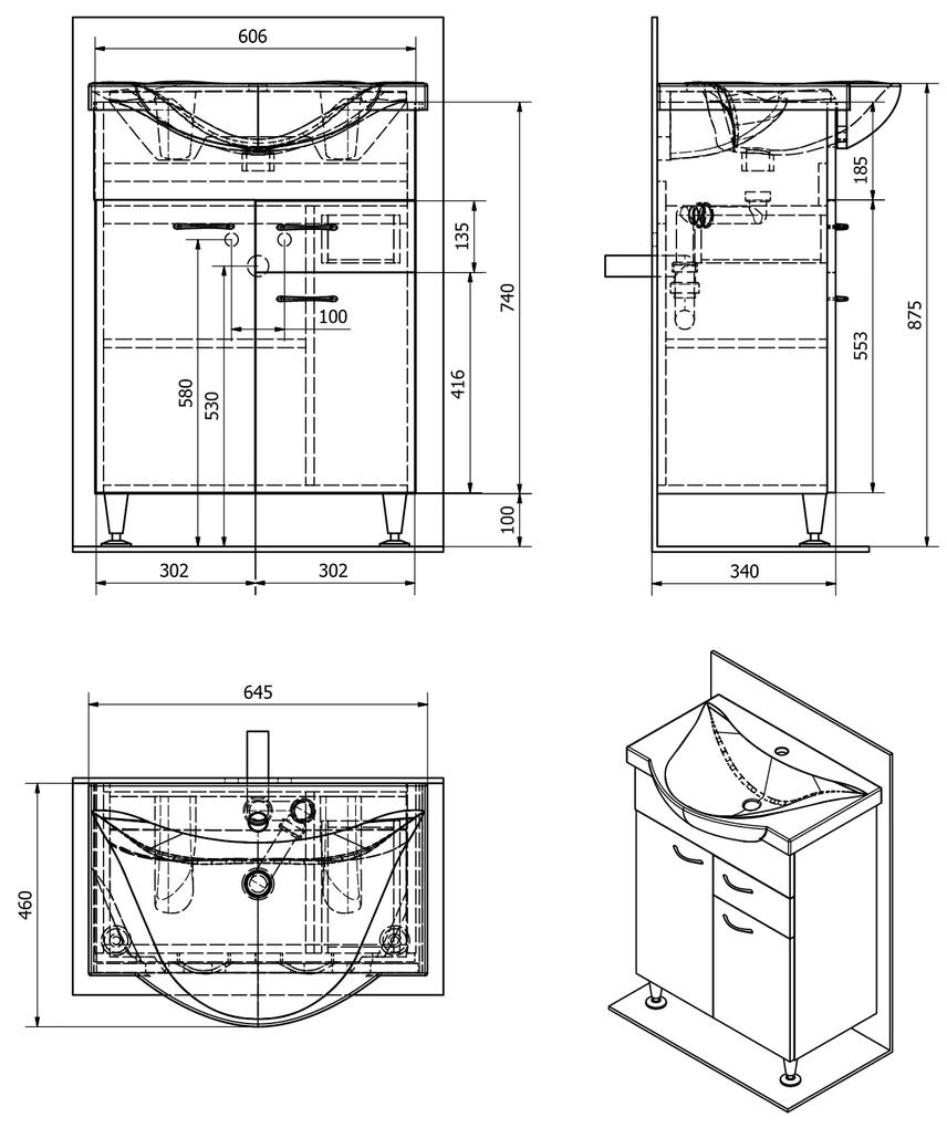 Aqualine KERAMIA FRESH umyvadlová skříňka, 1 zásuvka, 60,6x74x34cm, dub platin - 50066