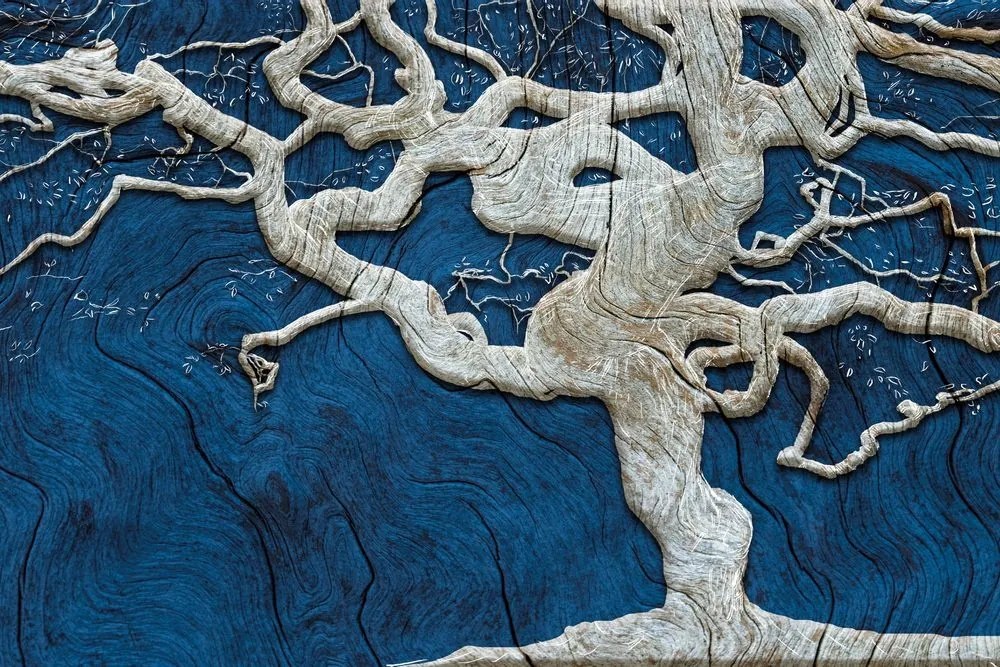 Tapeta abstraktní strom na dřevě s modrým kontrastem - 225x150 cm