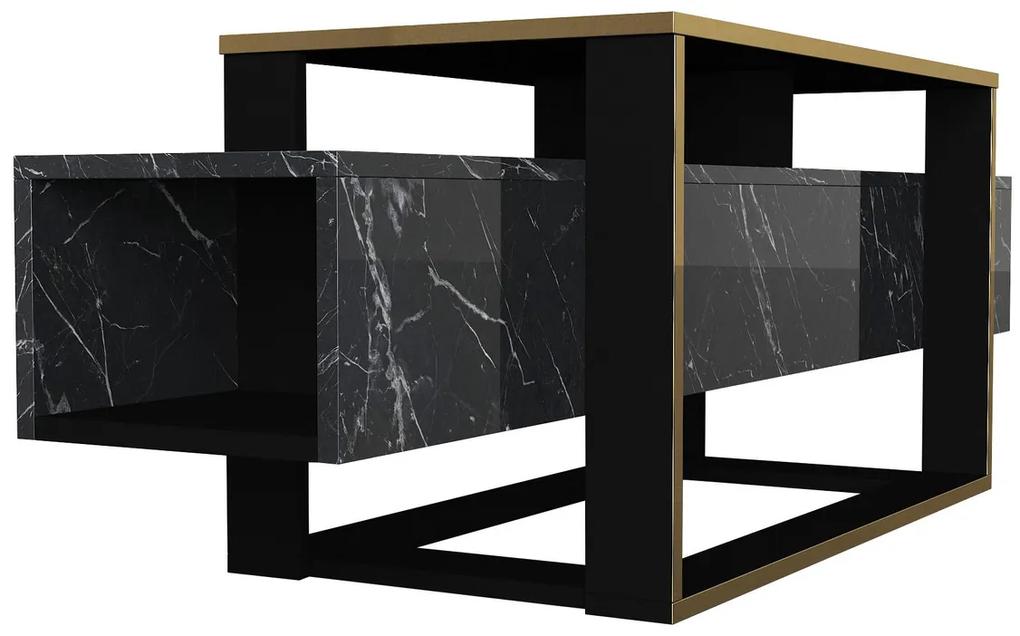 Televizní stolek BENDIGO 160 cm, lamino marble, kov černý matný lak, zlatý lem