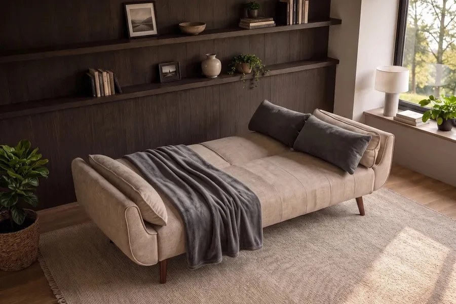 Designová rozkládací pohovka Amiyah 220 cm šampaňský samet