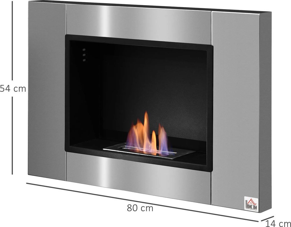 HOMCOM Nástěnný vestavěný biolíh krb s hořákem 0,9 L, 3hodinový čas hoření, rozměry 80L x 14W x 54H cm, pokrytí 25-30 m², nerezová ocel | Aosom