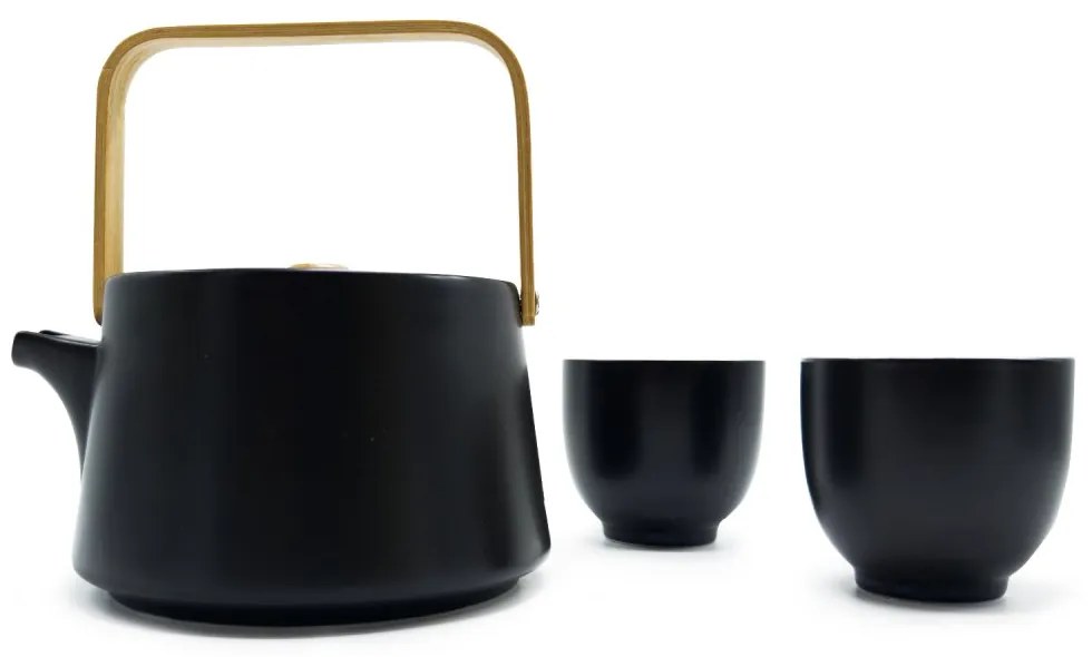 Porcelánová čajová souprava Strala, 0,9 l – matná černá, dřevěné detaily, 2 šálky