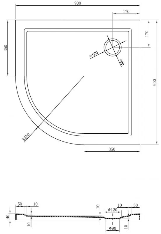 Mexen Flow, čtvrtkruhová sprchová vanička slim 90 x 90 cm, černá matná - 46Q709090