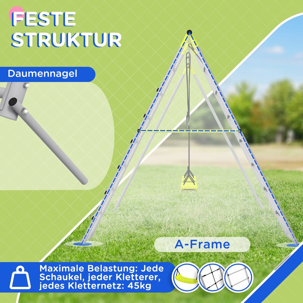 Houpačka Outsunny 2 v 1, dvoumístná houpačka, dětská houpačka, se sítí na šplhání, žebřík, ocelová, stabilní, zelená