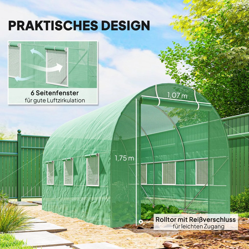 Outsunny Fóliový skleník Skleník na rajčata Fóliový tunelový skleník s oknem Zelený 350 x 200 x 200 cm | Aosom