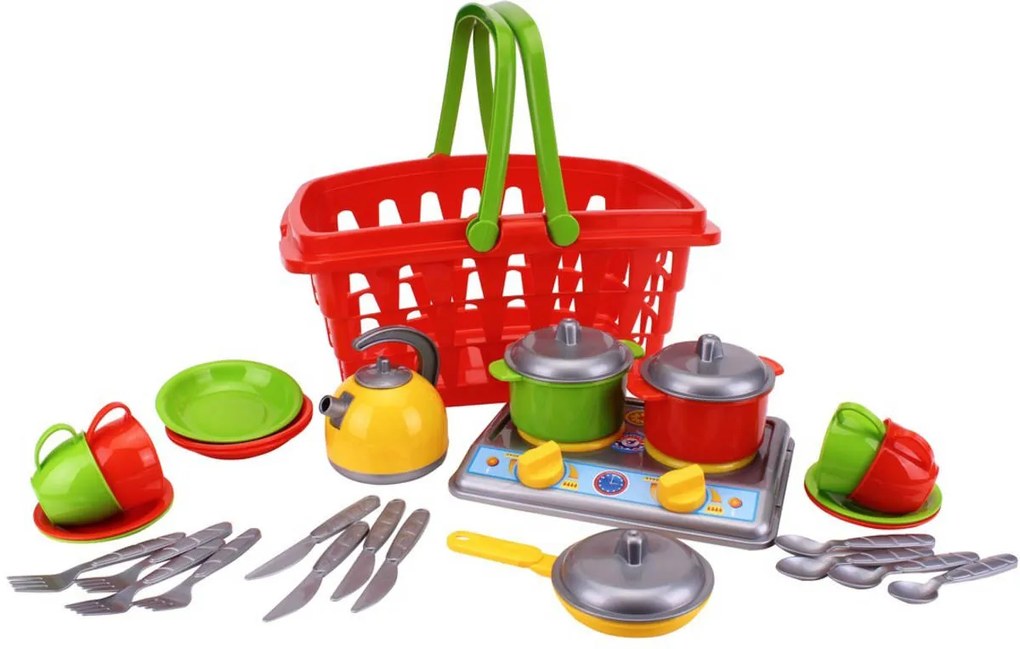 _Ostatní 1_ Kuchyňský set dětské nádobí s vařičem v nákupním košíku plast 34555