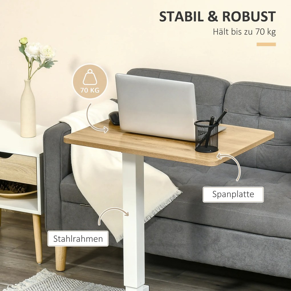 HOMCOM Stůl Sit-stand výškově nastavitelný s kolečky Prostorově úsporný stůl na notebook ve tvaru C přírodní bílá 70-110 cm do 70 kg