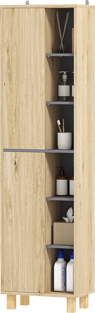 HOMCOM Koupelnová sloupková skříň, Koupelnová skříň s 6 otevřenými přihrádky a 2 skříněmi, rozměry 40Š x 24H x 148V cm, přirodní dřevo