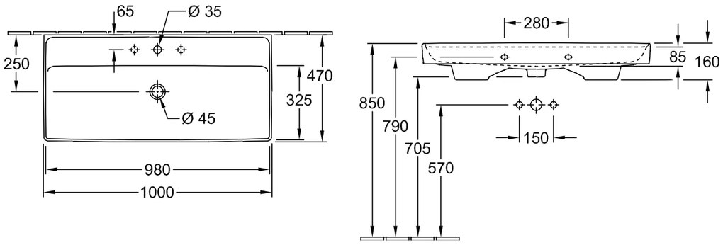 VILLEROY & BOCH Villeroy &amp; Boch COLLARO - Umyvadlo na skříňku 1000x470x160 mm, s přepadem, bílá Alpin CeramicPlus 4A33A5R1