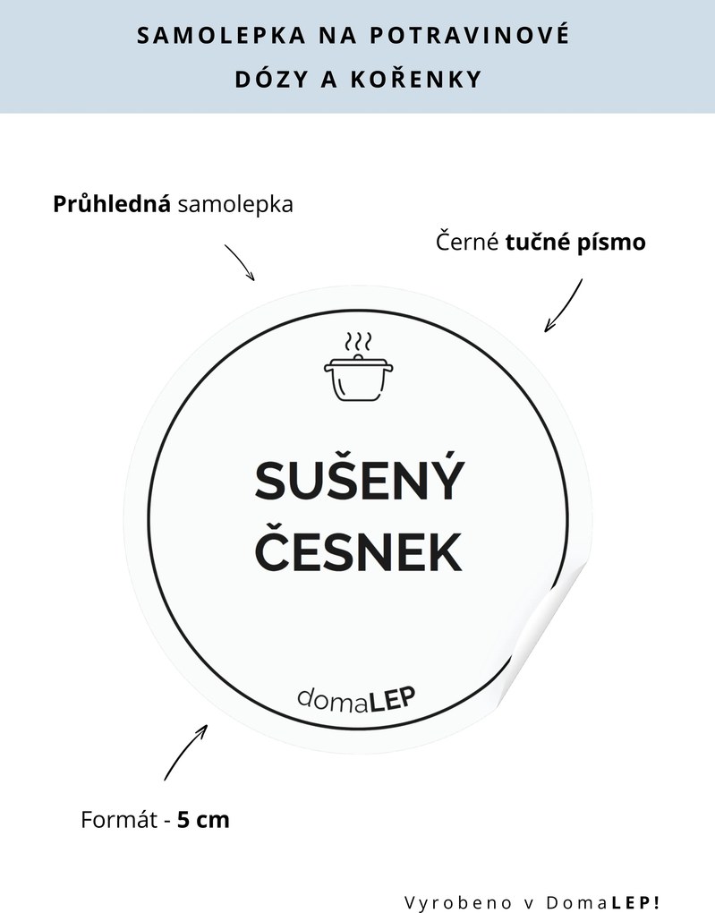 Samolepka na kořenky SUŠENÝ ČESNEK průhledná 5 cm tučné písmo