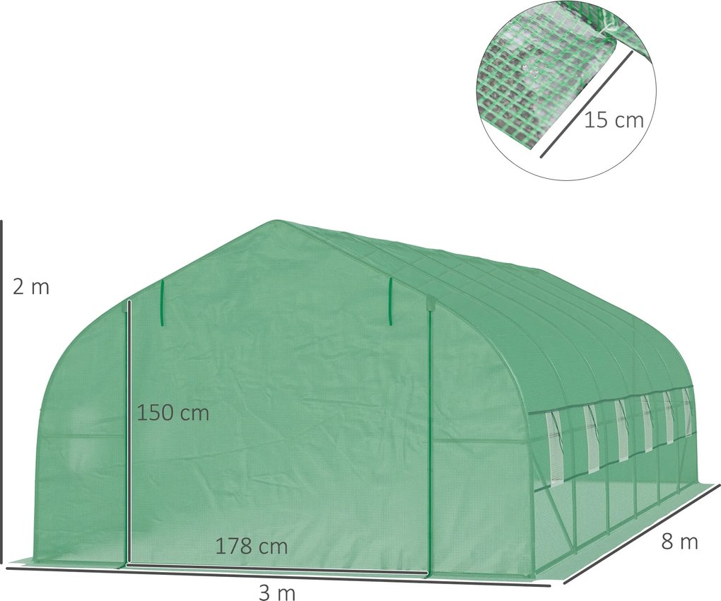Outsunny Zahradní Greenhouse Tunel 8x3x2 m se 12 Okny a Rolovacím Dveřmi pro Pěstování Rostlin Rajčat a Zeleniny - Ocel a PE 140 g/m² Zelená