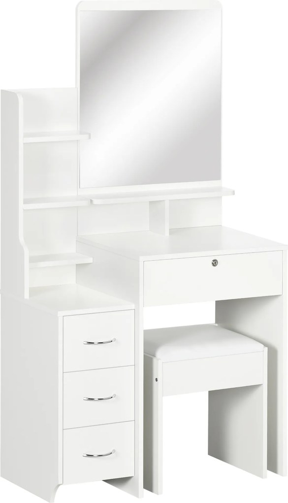 HOMCOM Toaletní stolek s taburetem a zrcadlem, toaletní stůl se 4 zásuvkami, 4 úložnými prostory, moderní styl, 80x38x143 cm Bílá