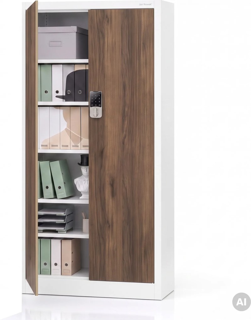 Kovová kancelářská skříň se zámkem na kód bílá, ořech, 900x1850x400 mm: DANIEL Eco Design