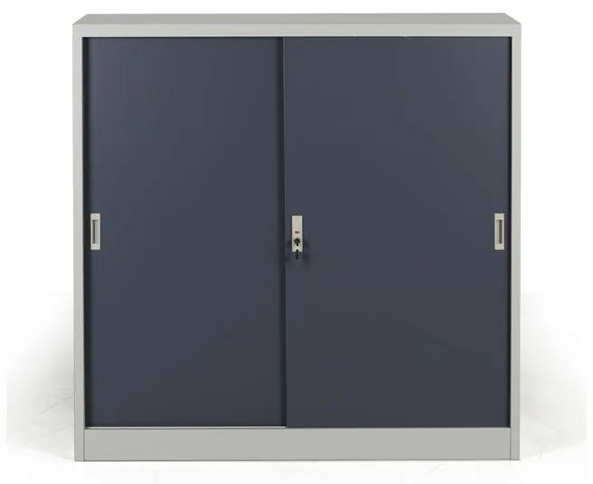 Kovová skříň s posuvnými dveřmi, demontovaná, 2 police, 1200 x 1200 x 450 mm, tmavě šedá