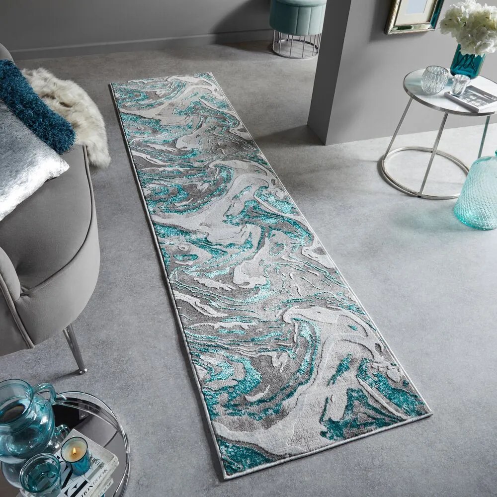 Flair Rugs, Běhoun Eris Marbled Emerald, 60x230, modrá, chodba / předsíň