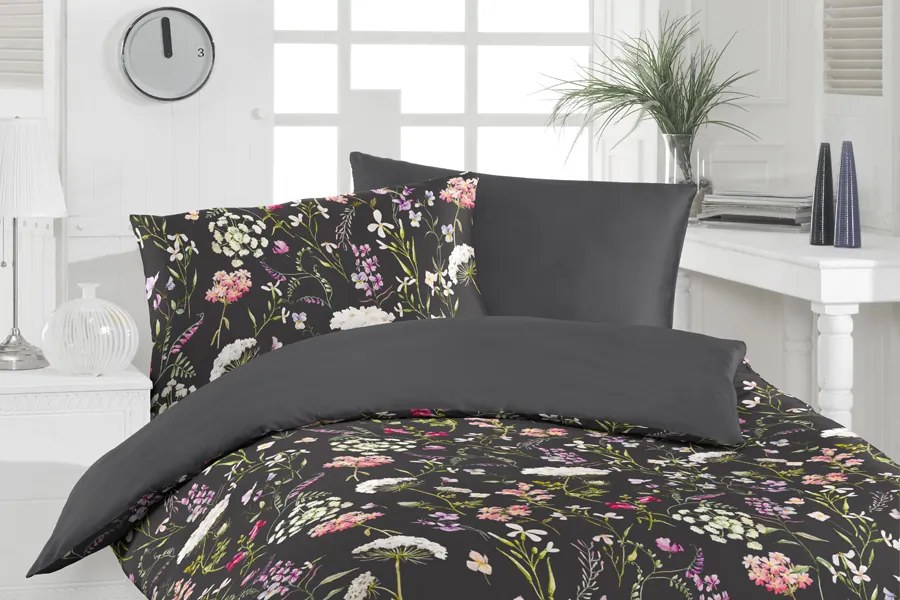 Florella Saténové povlečení Fiore Black Rozměr: 70x90 + 140x200 cm