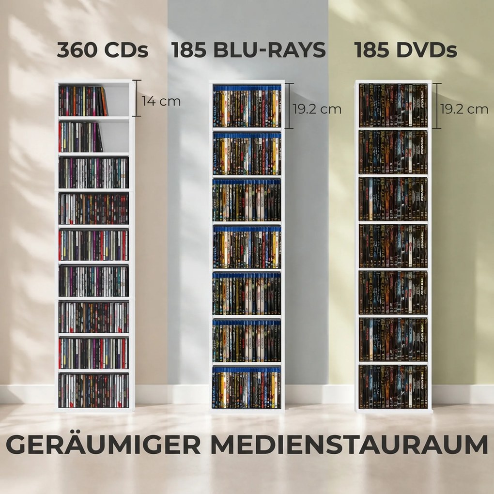 HOMCOM Police na CD/DVD, 9 úrovní, úzká volně stojící police se 6 nastavitelnými policemi, pro 260 CD, bílá