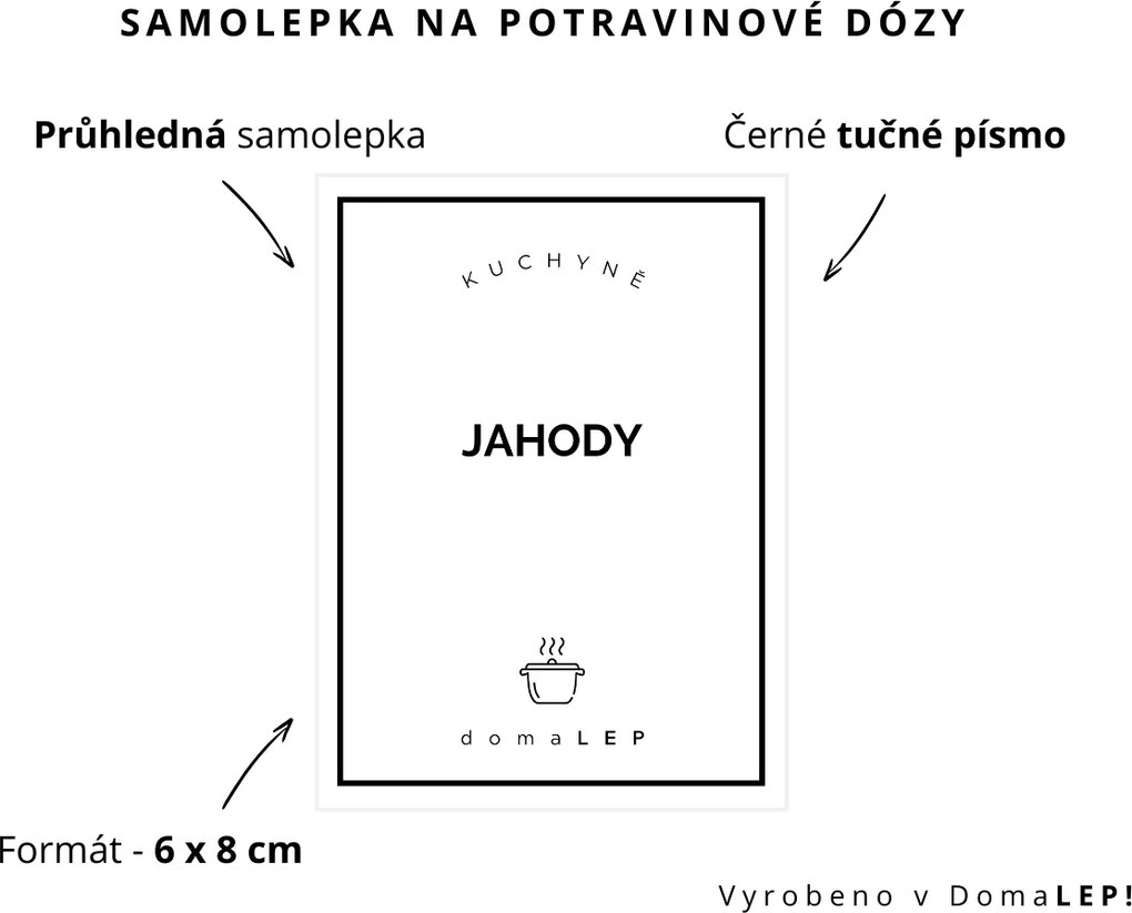 JAHODY - omyvatelná samolepka na dózu, výběr rozměrů Ø 5 cm / 5 x 5 cm / 6 x 8 cm | DomaLEP tvar: ČTVEREC, barva: PRŮHLEDNÁ - ČERNÉ písmo, velikost: š. 5 cm x v. 5 cm - tučné písmo