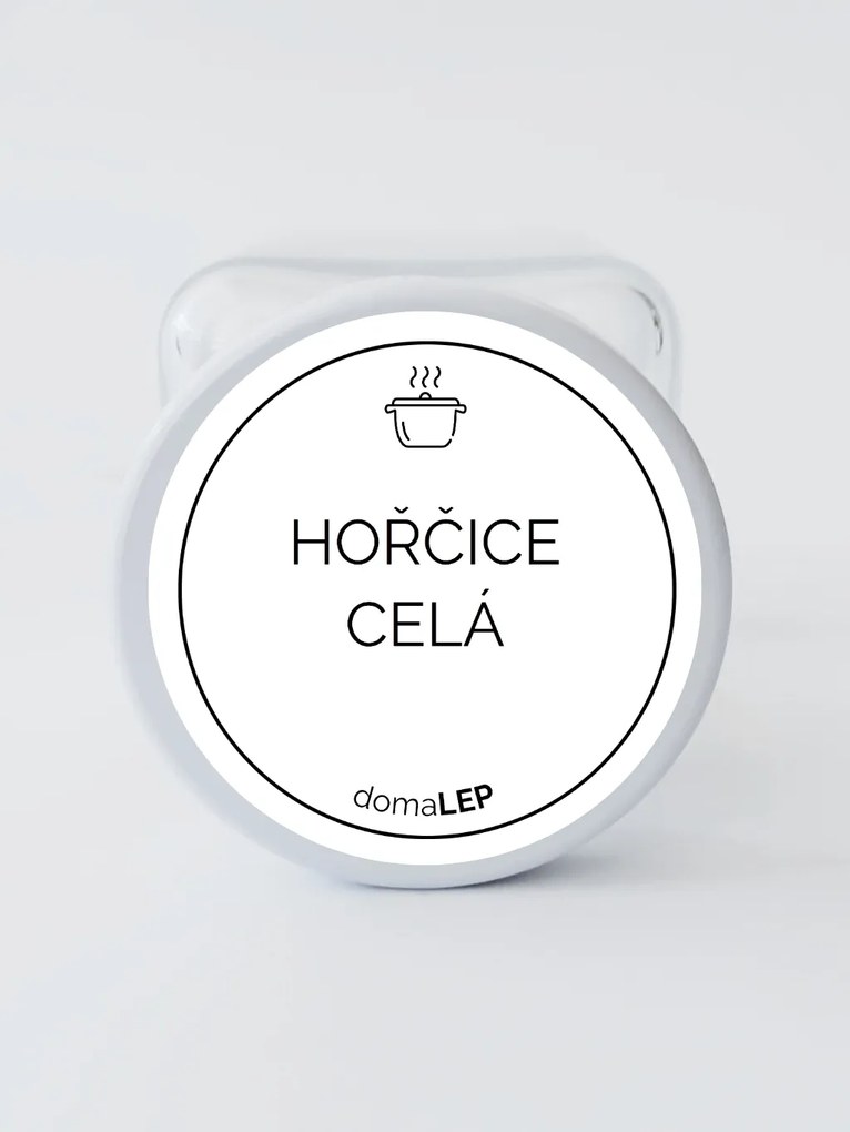 Samolepka na kořenky HOŘČICE CELÁ bílá 5 cm základní písmo