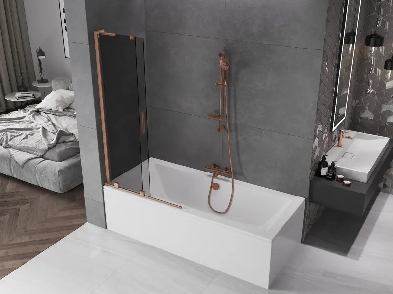 Mexen Velar L, 2-křídlová posuvná vanová zástěna 90 x 150 cm, 8mm šedé sklo, měděná matná, 896-090-003-41-65