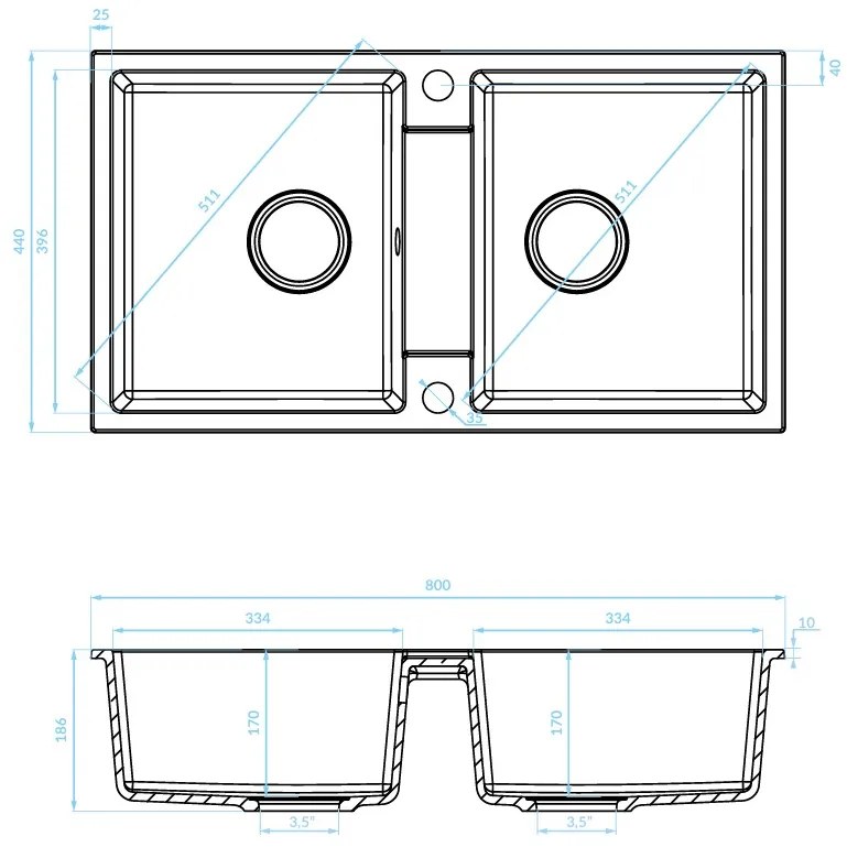 Kuchinox Rab, 2-komorový granitový dřez 800x440x186 mm, šedá, LAV-SBF_520Y
