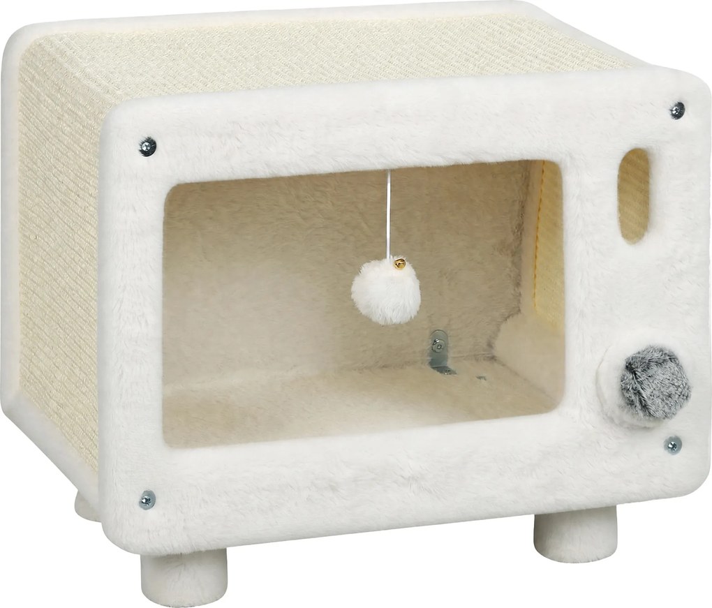 PawHut Kočičí dům ve stylu TV, kočičí jeskyně s houpací sítí a hracím míčkem, škrábací rohož z lnu, pro kočky do 7 kg, 50 x 33 x 42 cm