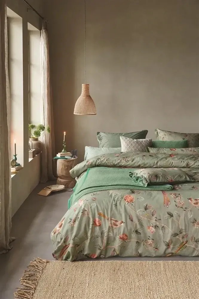 Pip Studio perkálové povlečení Good Nightingale zelené 200x200 + 2x 70x90 cm (Luxusní perkálové povlečení na francouzskou postel v dárkové krabičce)