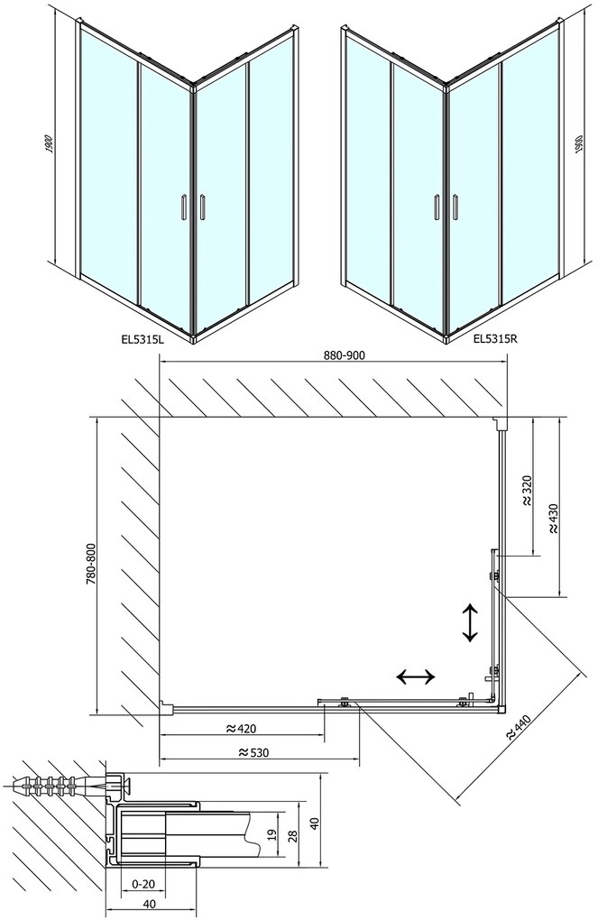 Polysan, EASY LINE obdélníková sprchová zástěna 900x800mm, čiré sklo, EL5315