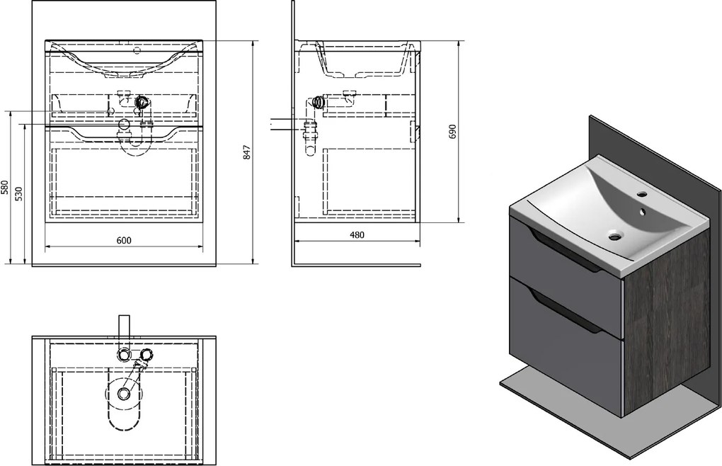 Sapho WAVE umyvadlová skříňka 60 x 65 x 47,8 cm bílá/dub alabama WA060-3022