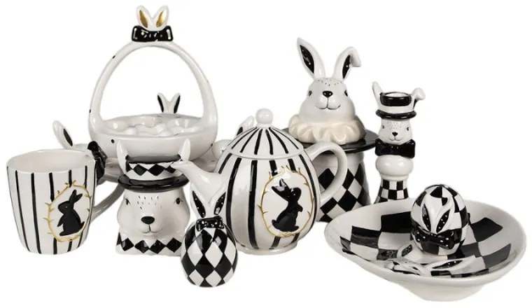 Černo-bílý keramický podnos s podstavcem ve tvaru tří králíčků Rabbit Party – 24x23x12 cm