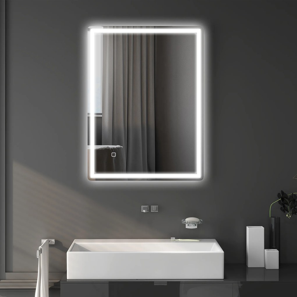 HOMCOM Stmívatelné osvětlené koupelnové zrcadlo 80x60 cm s paměťovou funkcí a povrchem proti zamlžení pro moderní koupelny