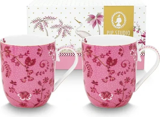 Pip Studio Jolie Flowers sada 2 ks hrnečků 180ml, růžová (dárková sada 2 hrnků z tenkostěnného porcelánu v dárkové krabičce)