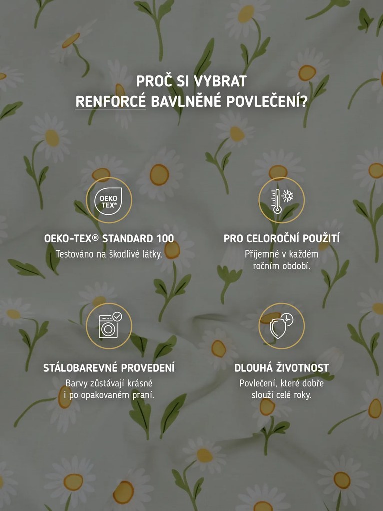 MK Lůžkoviny Francouzské bavlněné povlečení Renforcé - Sedmikrásky šedozelené 220 × 200 cm, 2ks 70 x 90 cm