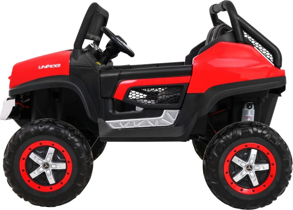 Ramiz Mercedes Benz Unimog elektrické autíčko pro děti červené + pohon 4x4 + dálkové ovládání + nosič zavazadel + pomalý start + MP3 + LED