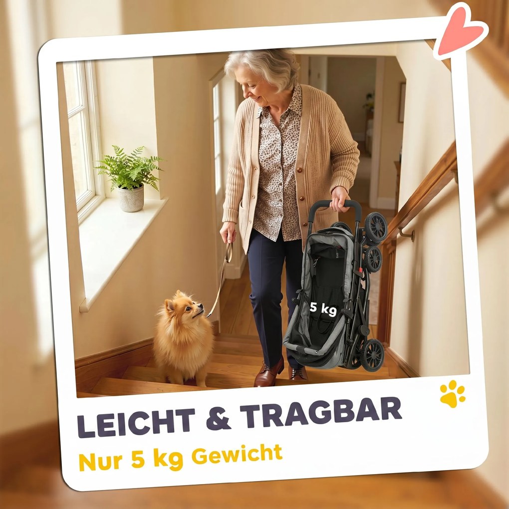 Skládací kočárek pro malé psy a kočky PawHut, do 10 kg, lehký čtyřkolový s otočnými koly a brzdami, prodyšná síťovina, pratelná vložka, tácek a držák…