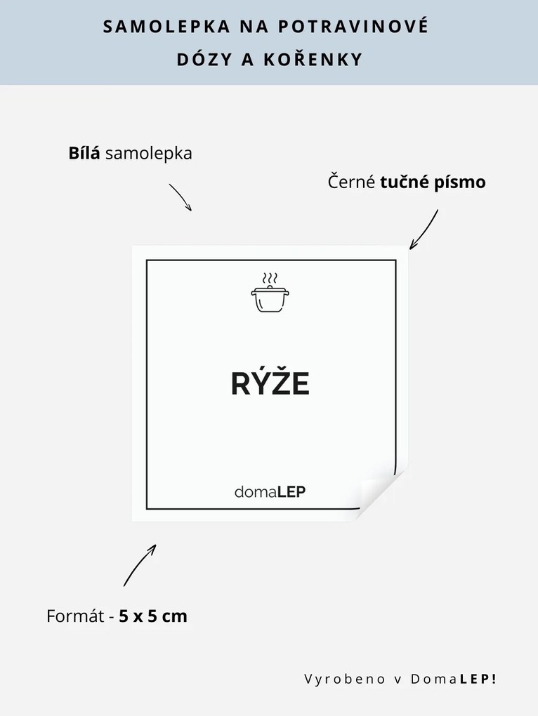 RÝŽE– bílá samolepka na dózu, tučné písmo, 5 x 5 cm | DomaLEP